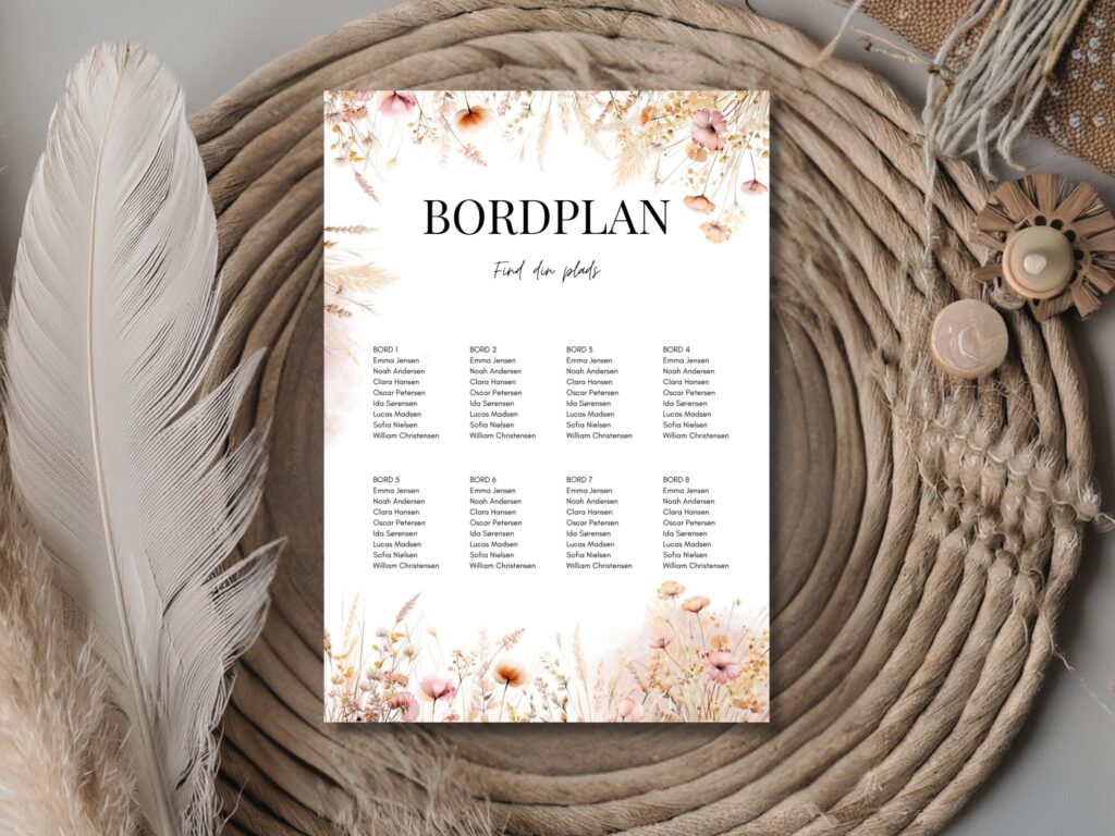 Bordplan til konfirmation | Vilde blomster | Redigerbar skabelon