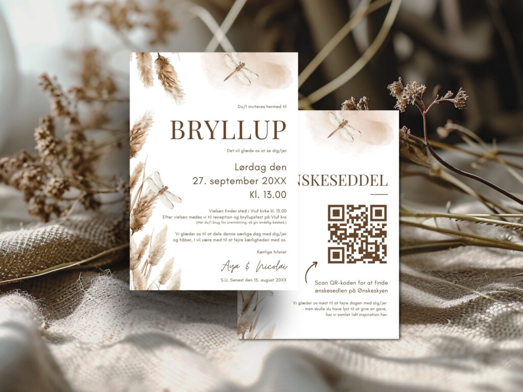 Bryllupsinvitation + ønskeseddel | Pampas græs | Redigerbar