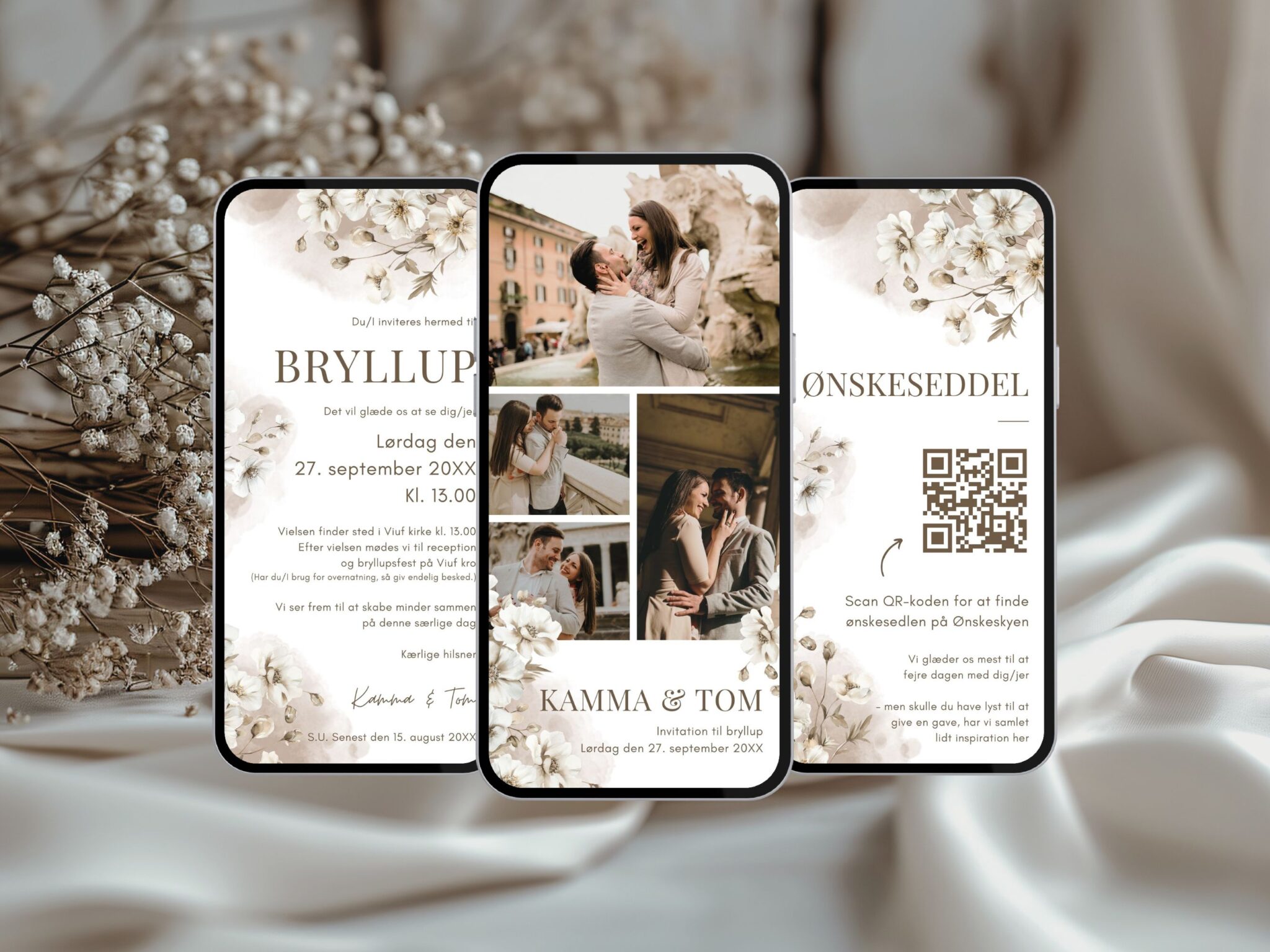 Digital invitation til bryllup | Hvide blomster | Redigerbar skabelon
