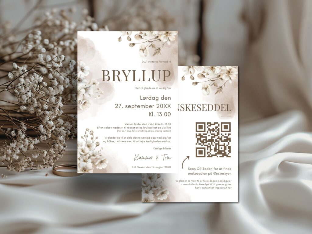 Bryllupsinvitation + ønskeseddel | Hvide blomster | Redigerbar