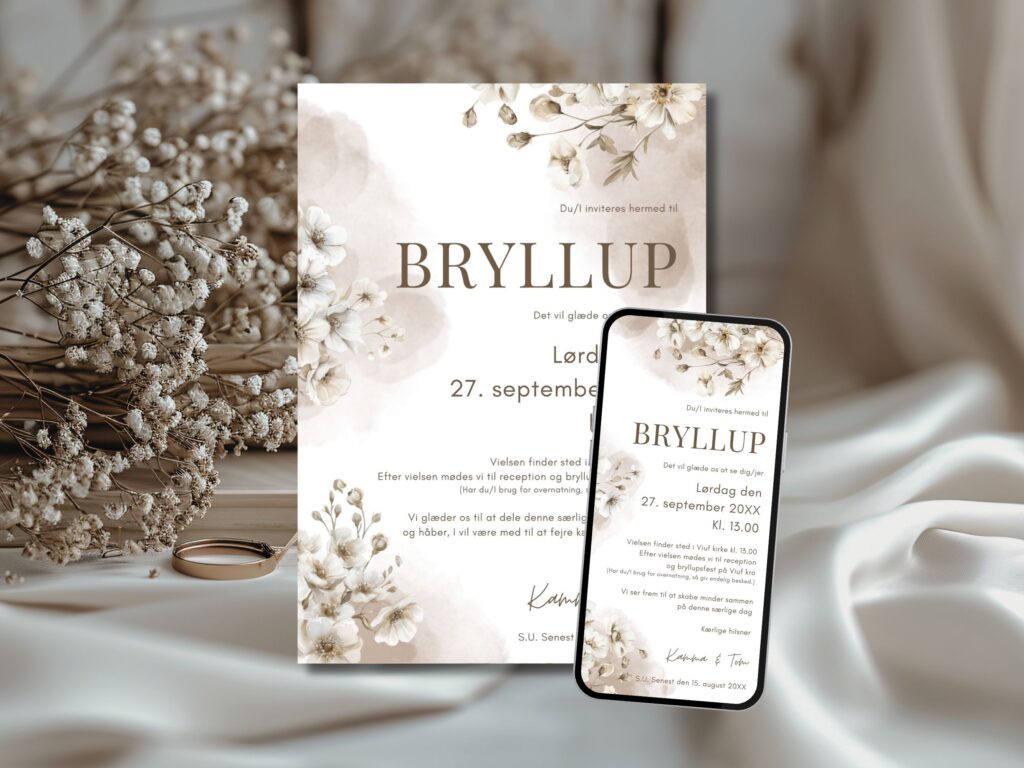 Invitation til bryllup alm + digital | Hvide blomster | Redigerbar
