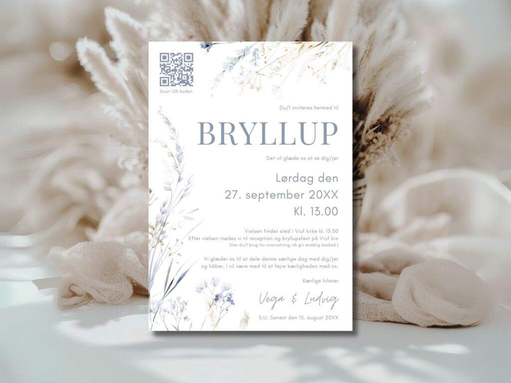 Bryllupsinvitation med QR kode | Blomster | Redigerbar